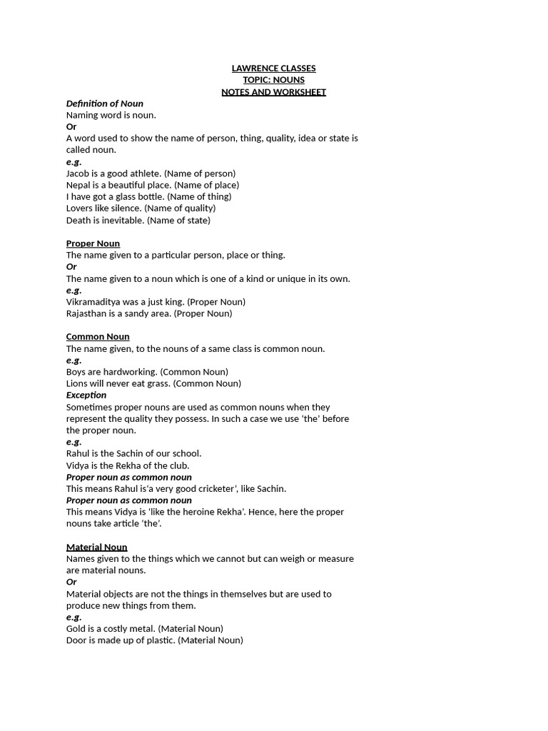 Nouns Notes and Worksheets | PDF