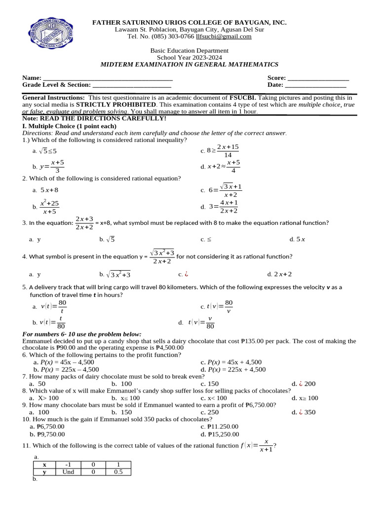 1st Midterm Exam For Gen - Math Final | PDF