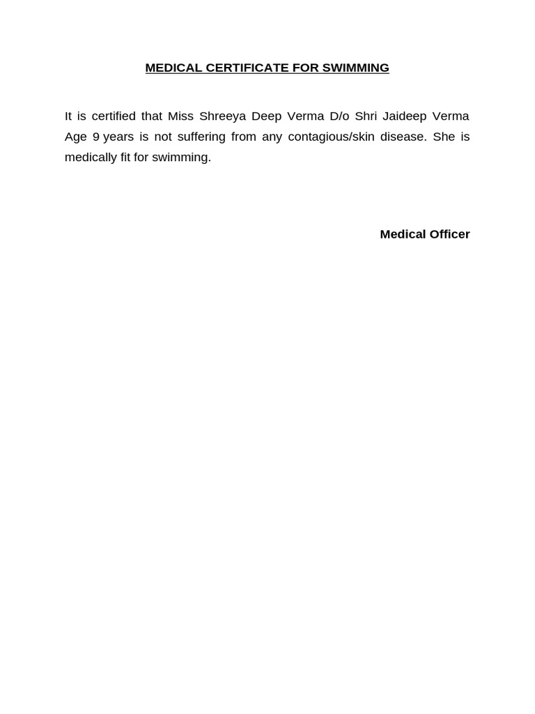 Medical Certificate For Swimming | PDF