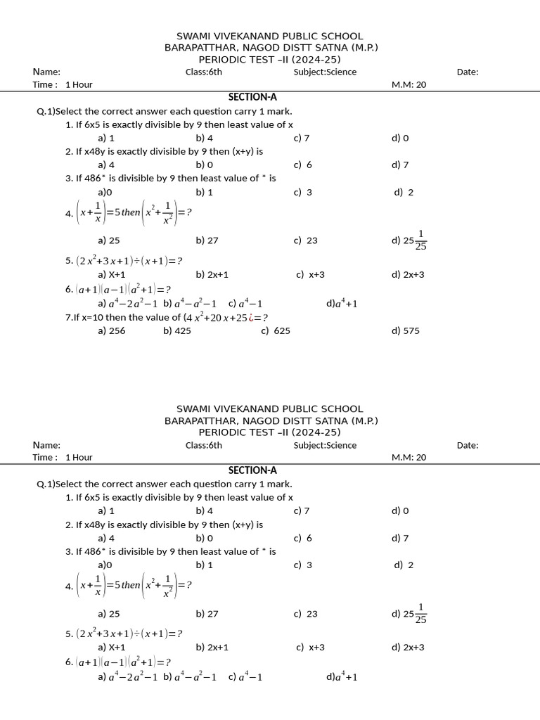 PERIODIC TEST-II CLASS-VIII MATHS - New | PDF