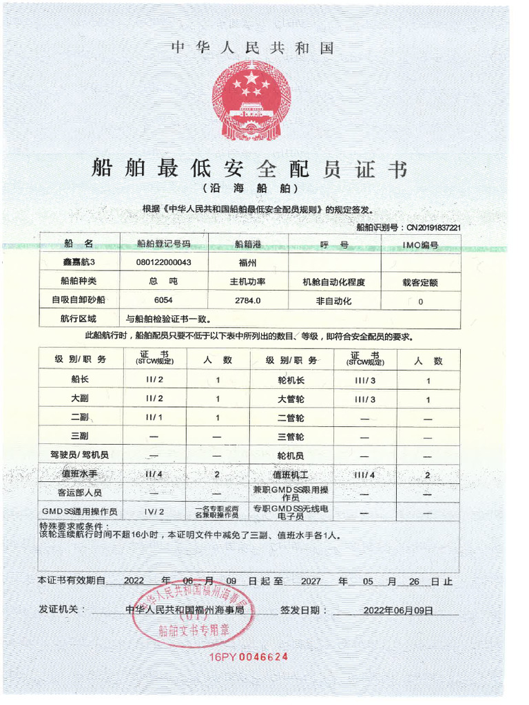 船舶最低安全配员证书-鑫嘉航3 (Minimum Safe Manning Certificate for Ships) | PDF