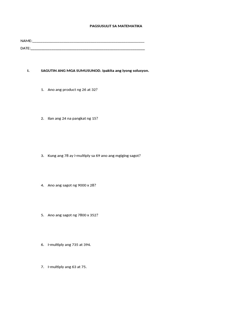 Pagsusulit Sa Matematika-3 | PDF