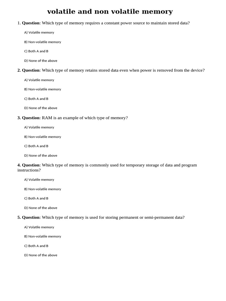 Volatile vs Non-Volatile Memory Quiz | PDF