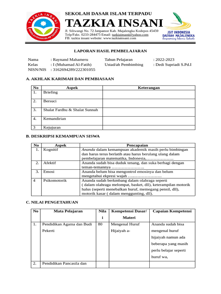 Contoh Progres Raport SD | PDF