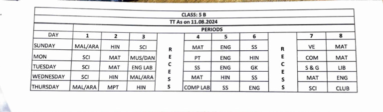 Revised Timetable - Grade 5B | PDF