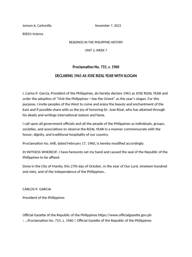 Proclamation No. 715, S. 1960 Declaring 1961 As Jose Rizal Year With ...