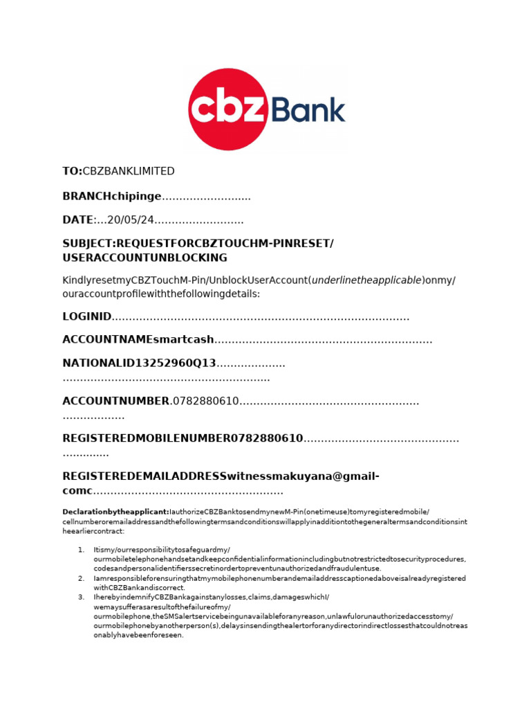 CBZ Touch M-Pin Reset Form | PDF