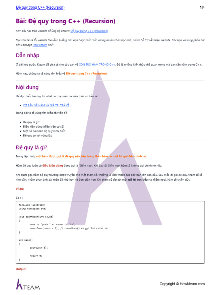 HOWKTEAM.VN - Đệ quy trong C++ (Recursion) | PDF