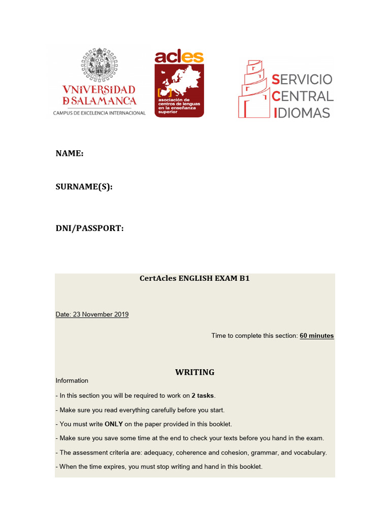 CertAclesEnglish Writing B1 Modelo Web | PDF