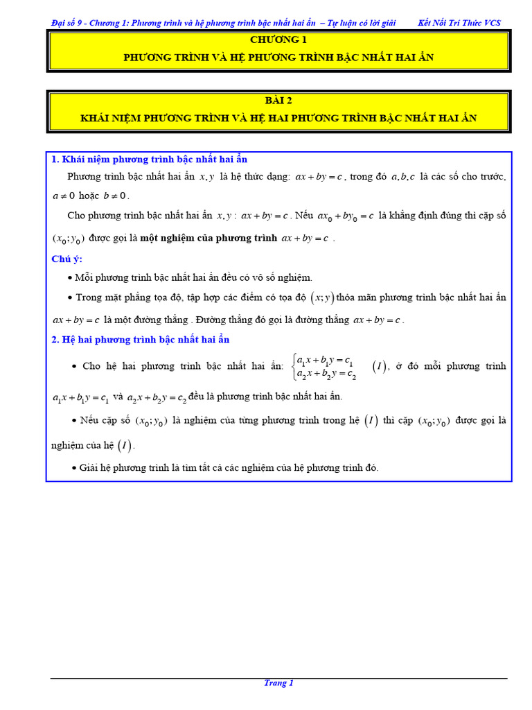 Cac Dang Bai Tap Phuong Trinh Va He Hai Phuong Trinh Bac Nhat Hai An Toan 9 Knttvcs | PDF
