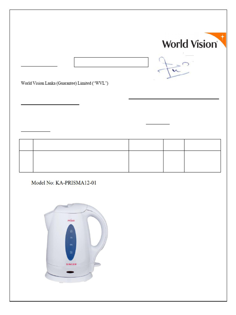 RFQ For Singer Electric Jug Kettle 1.2L, 900W - KA-PRISMA12-01 | PDF