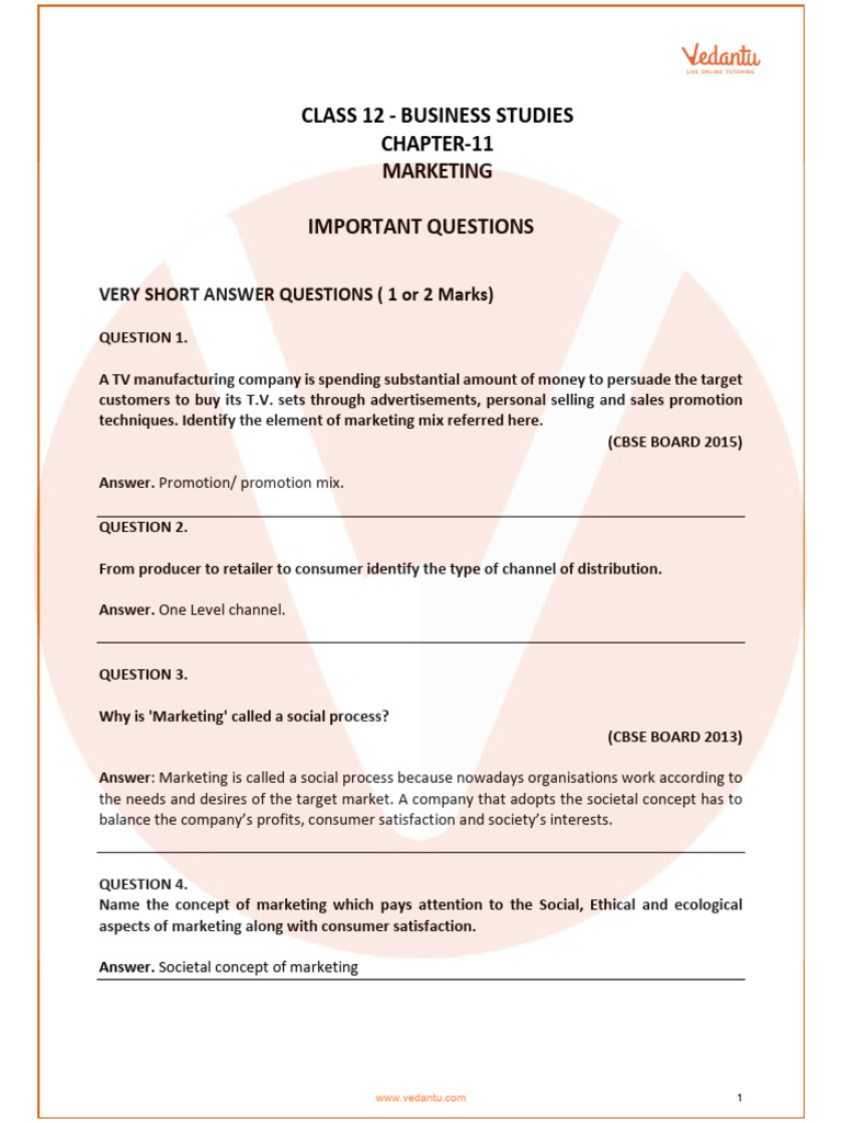 Important Questions For CBSE Class 12 Business Studies Chapter 11 ...