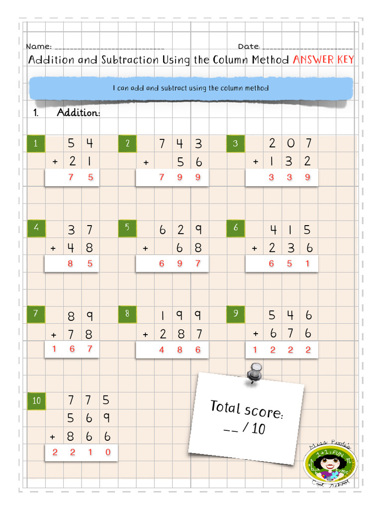 Addition and Subtraction Using The Column Method ANSWER KEY | PDF ...