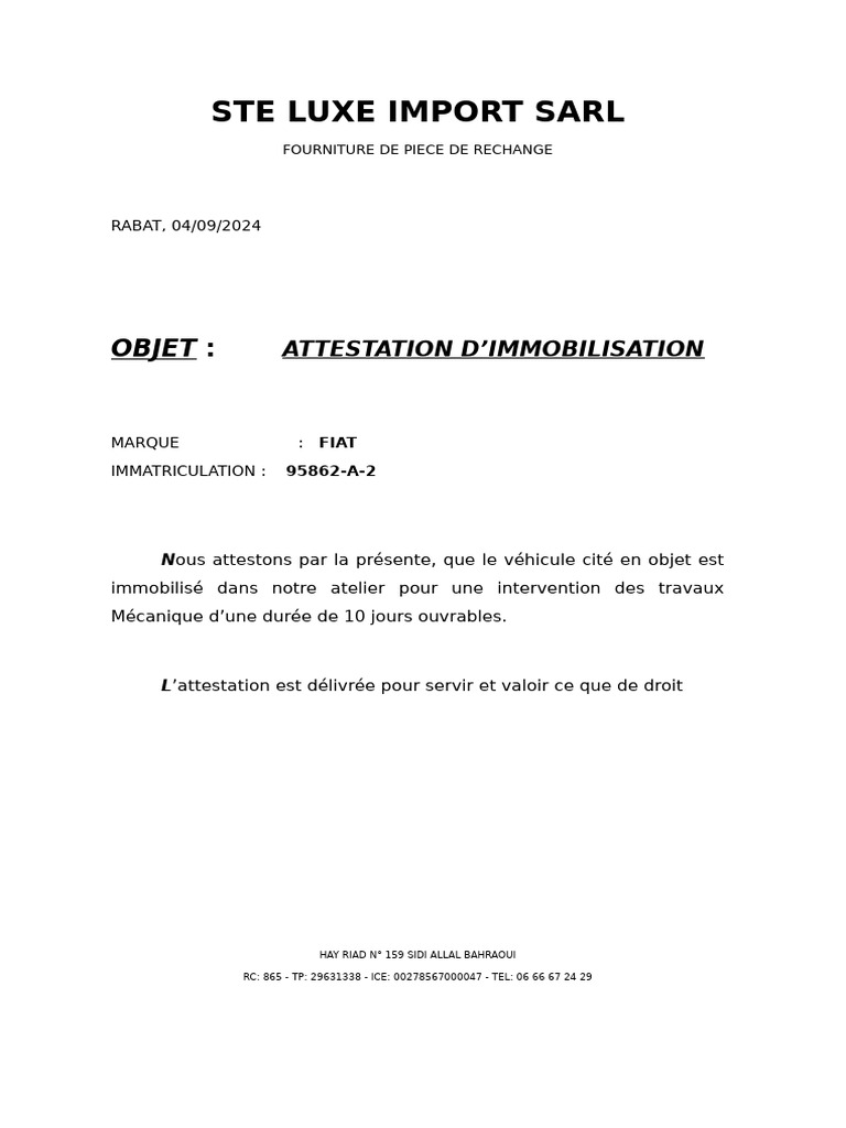 Attestation D'immobilisation - 88266-A-2 | PDF