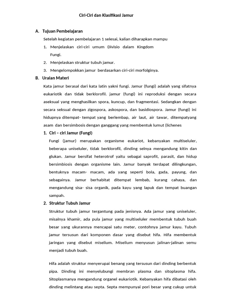 Ciri-Ciri Dan Klasifikasi Jamur | PDF