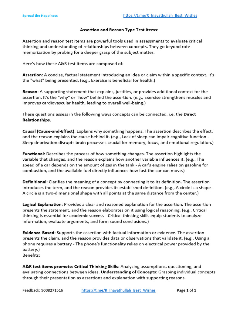 Assertions and Reasons A&R Test Items Purpose, Direct Relationships ...