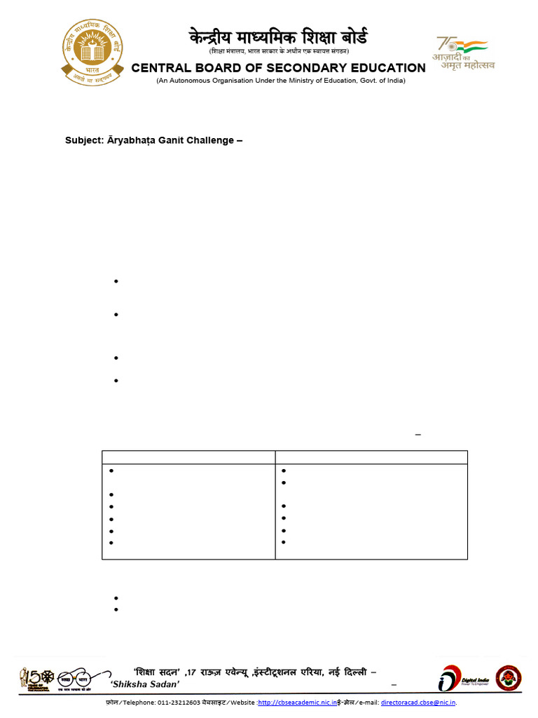 Aryabhata Ganit Challenge (AGC) CBSE Circular 2024 | PDF | Mathematics