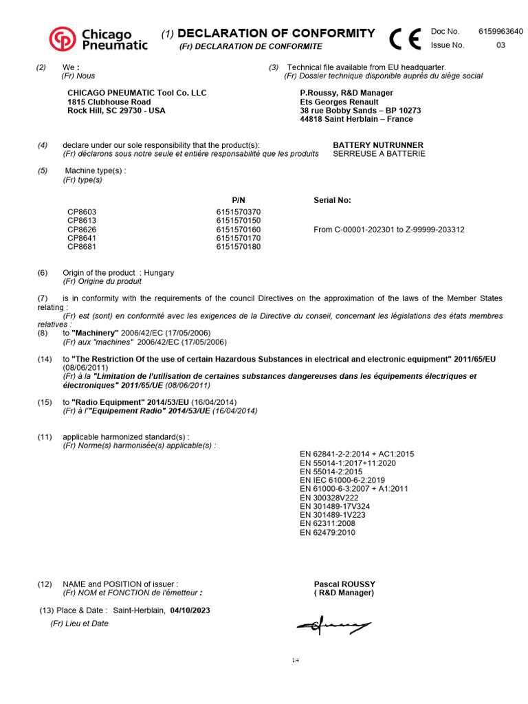 Declaration of Conformity: (FR) Declaration de Conformite | PDF