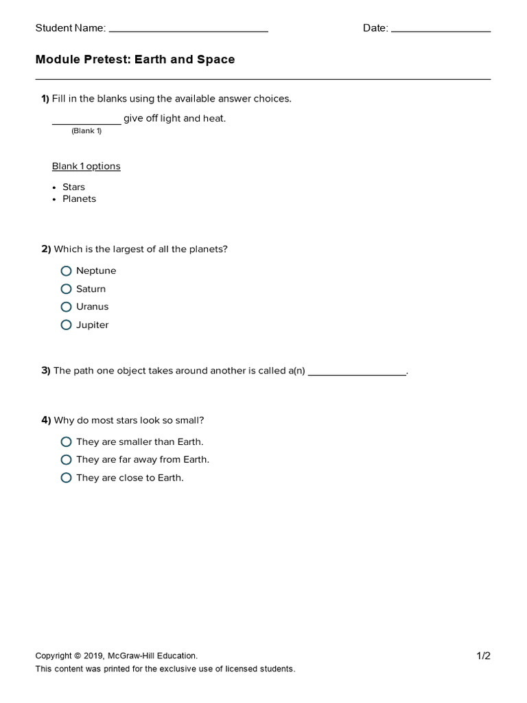 Modulepretest Earthandspace Pdf 