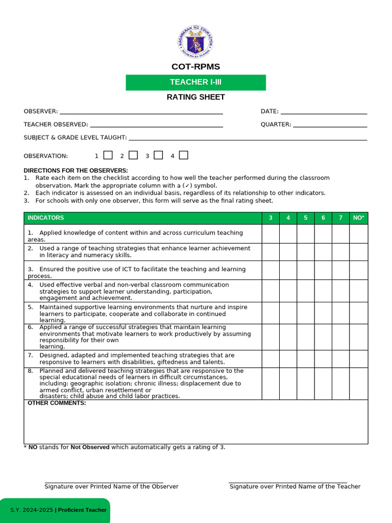 (Appendix C-04) COT-RPMS Rating Sheet For T I-III For SY 2024-2025 ...