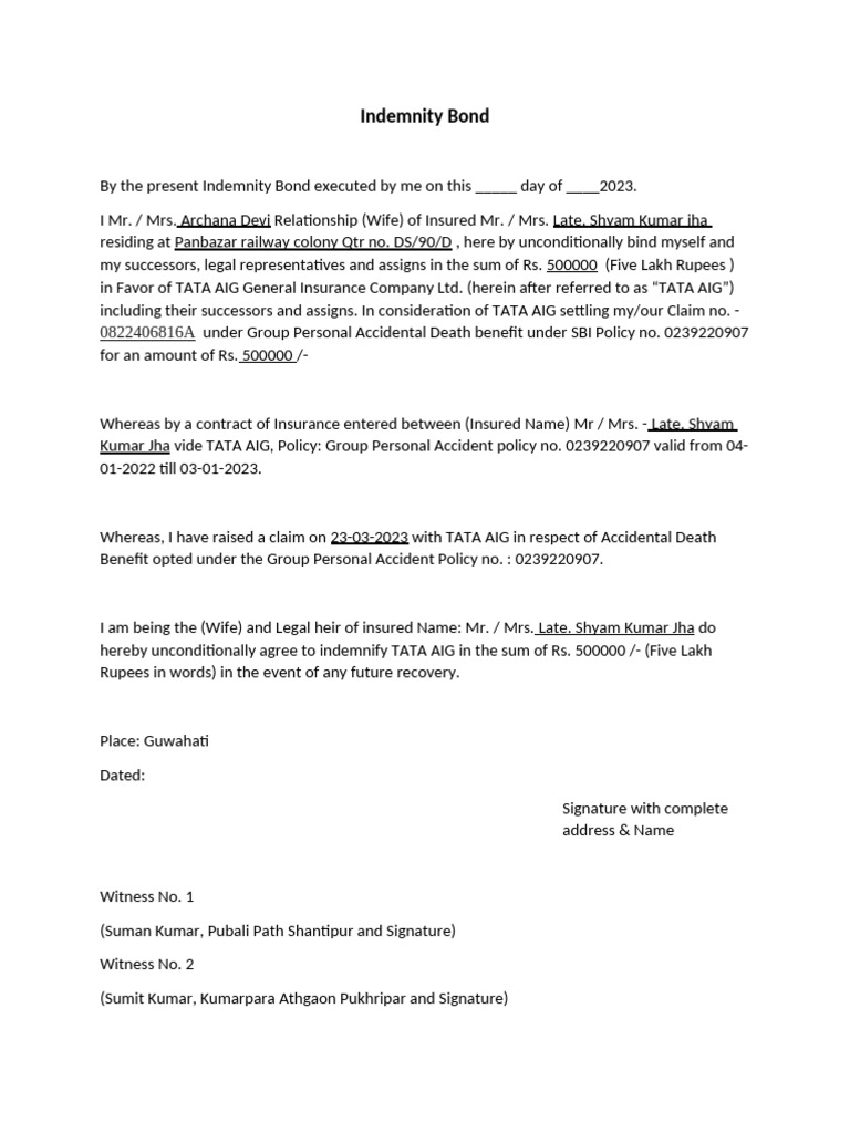 Indemnity Bond Sample Format | PDF | Finance & Money Management | Politics