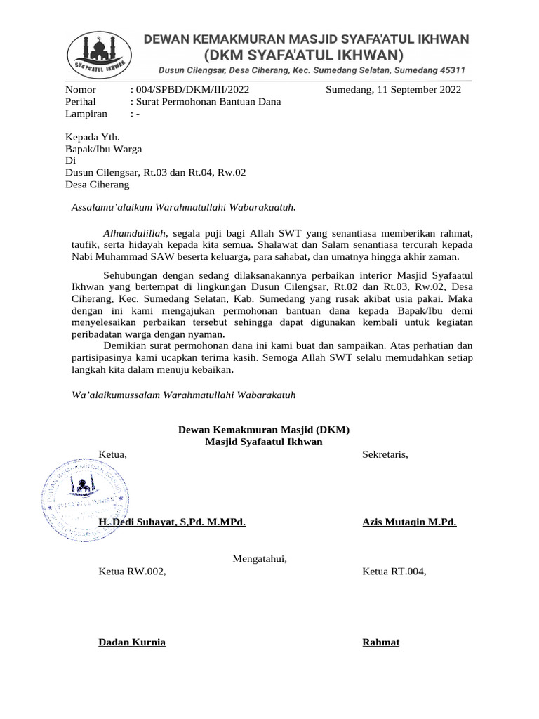 SURAT SURAT DKM Permohonan Dana | PDF