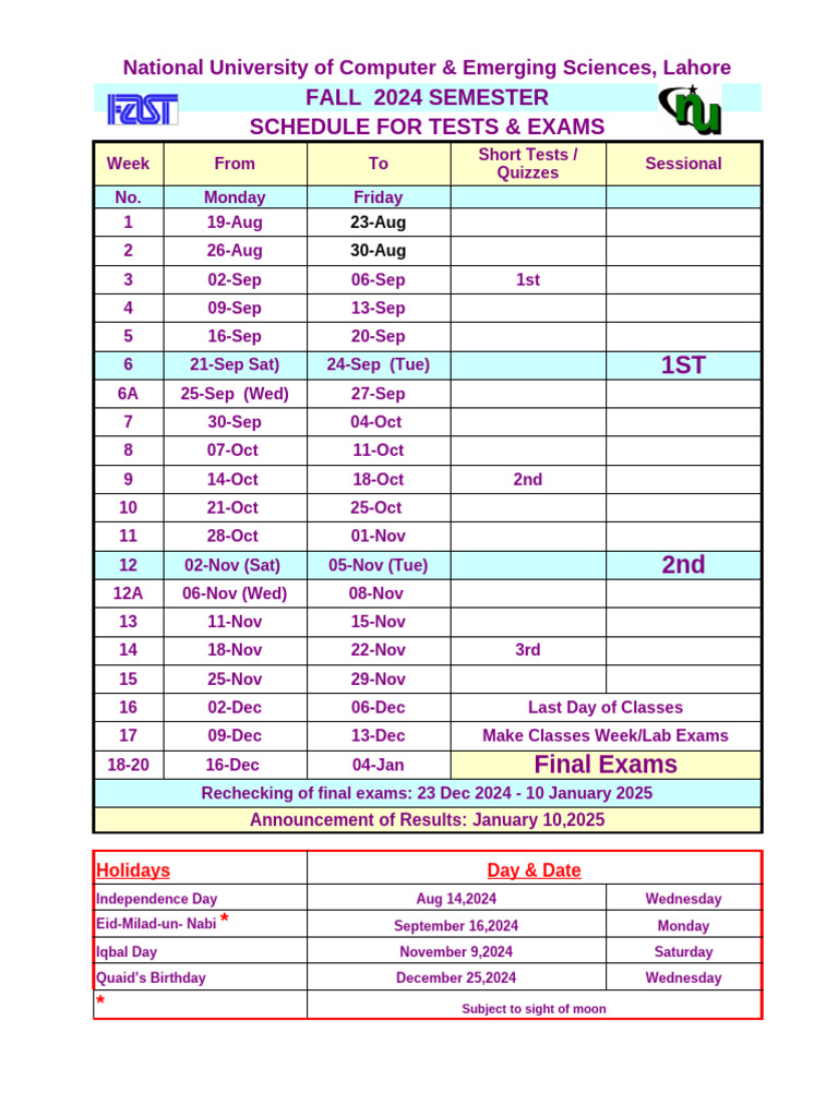 Schedule For Exams and Tests Fall 2024 | PDF
