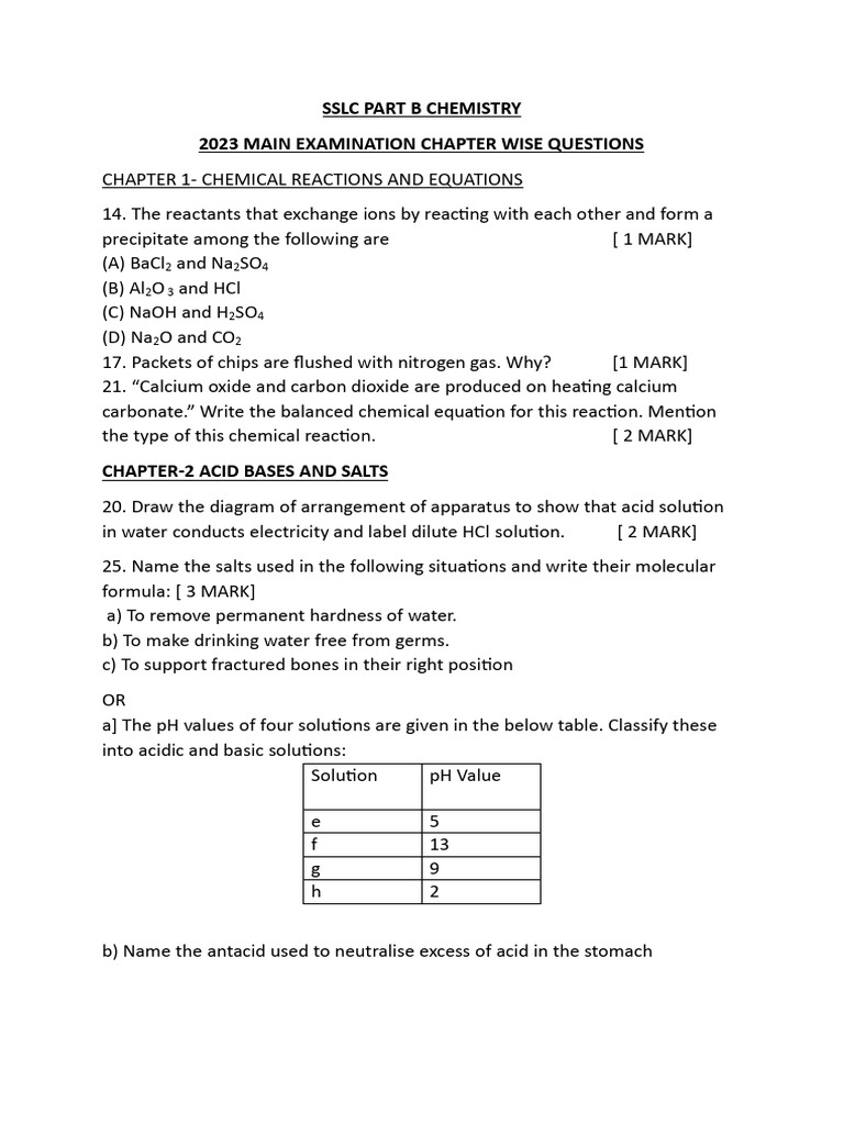 SSLC Chemistry Chapter Wise Question | PDF