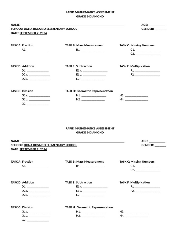 Rapid Mathematics Assessment - Answer Sheet2024 2025 | PDF