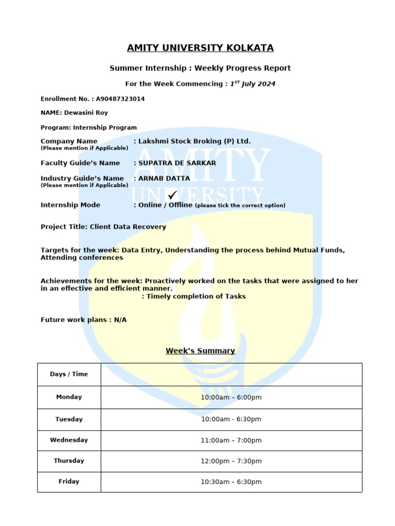 Annexure 3 Weekly Progress Report Summer Internship 2024 1st July Pdf