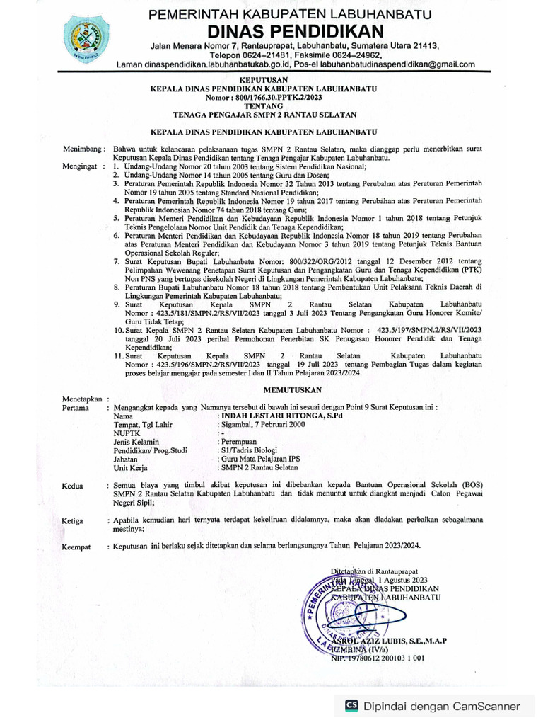 Indah Lestari - SK Dinas | PDF