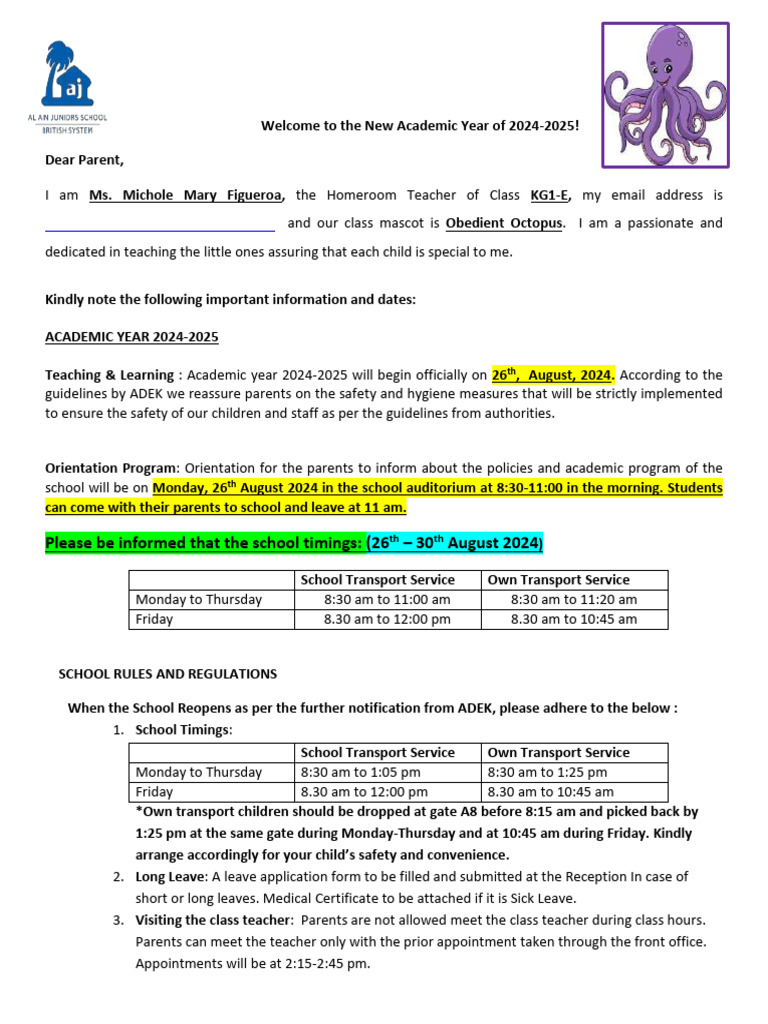 AJB KG1-F Welcome Letter 2024-2025 | PDF