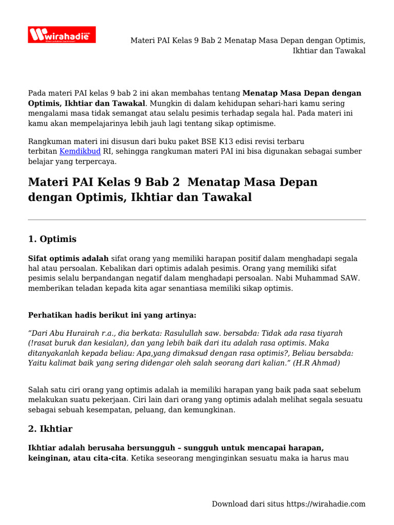 Menatap Masa Depan Dengan Optimis, Ikhtiar Dan Tawakal | PDF