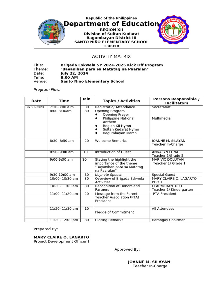 Brigada Kick Off ACTIVITY MATRIX | PDF
