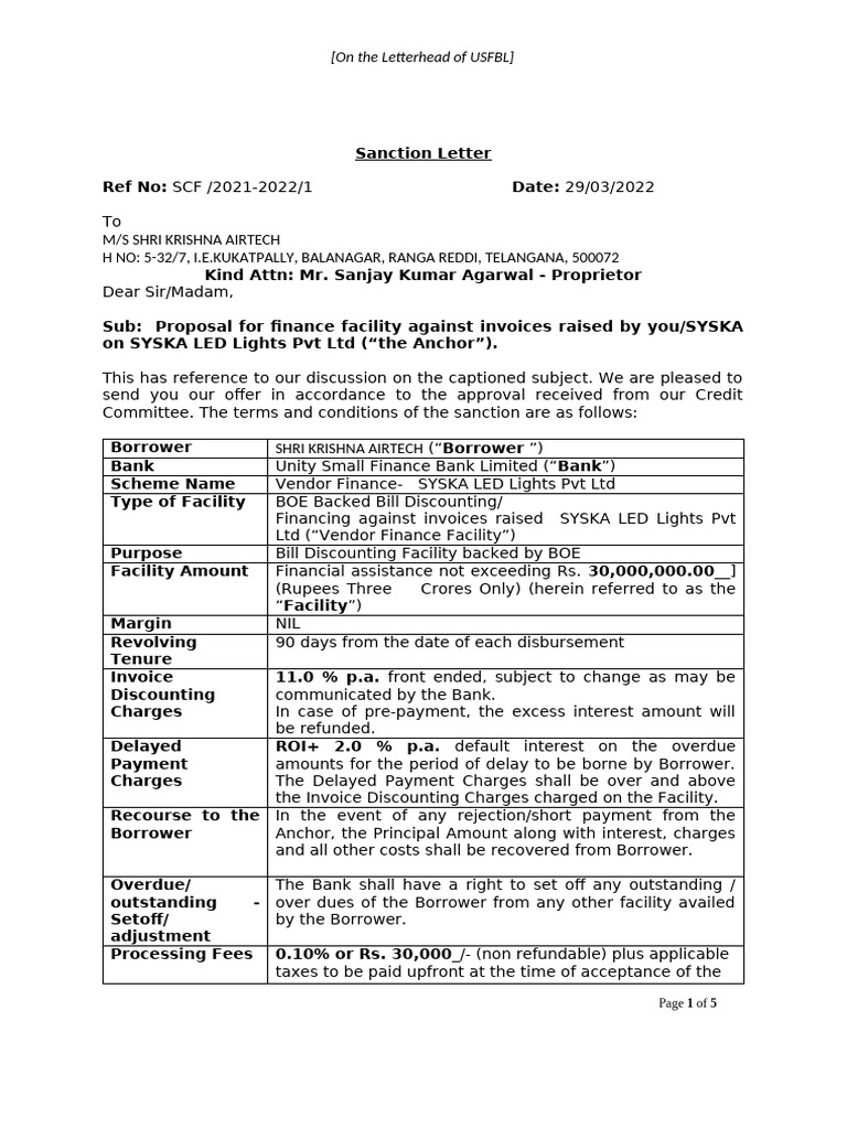 Unity Bank Vendor Finance Sanction Letter | PDF | Banks | Finance ...