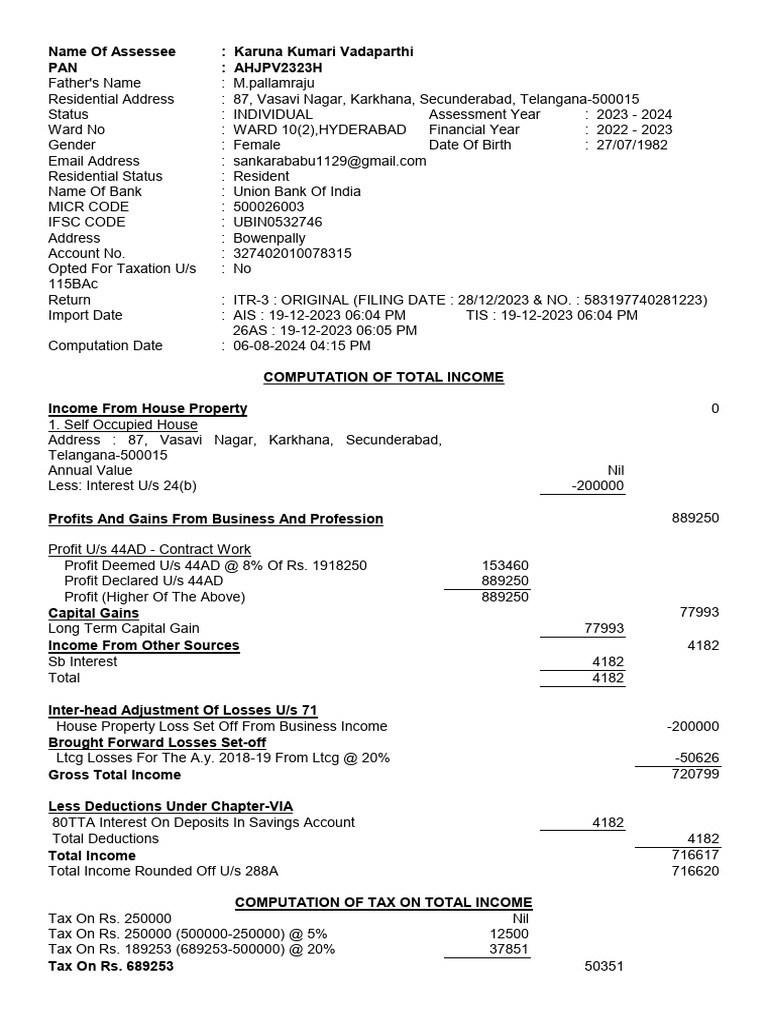 Karuna Kumari Vadaparthi AY-2023-24 COMPU | PDF | Capital Gains Tax | Taxes
