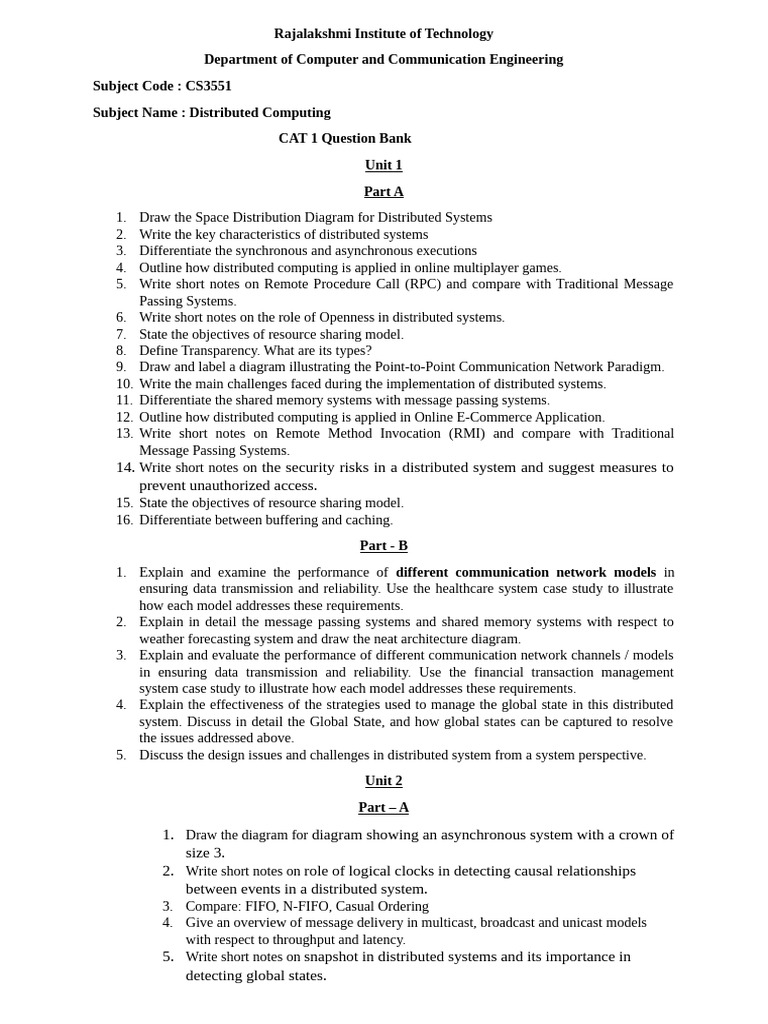 Distributed Computing CAT 1 Question Bank | PDF