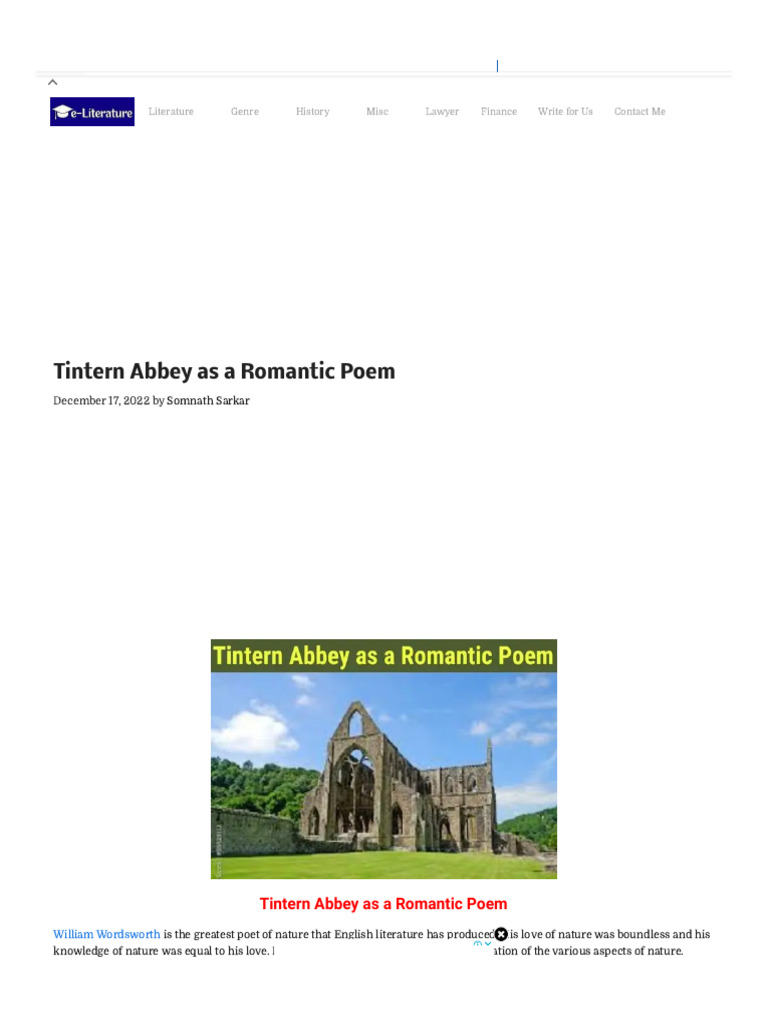 Tintern Abbey As A Romantic Poem - All About English Literature | PDF