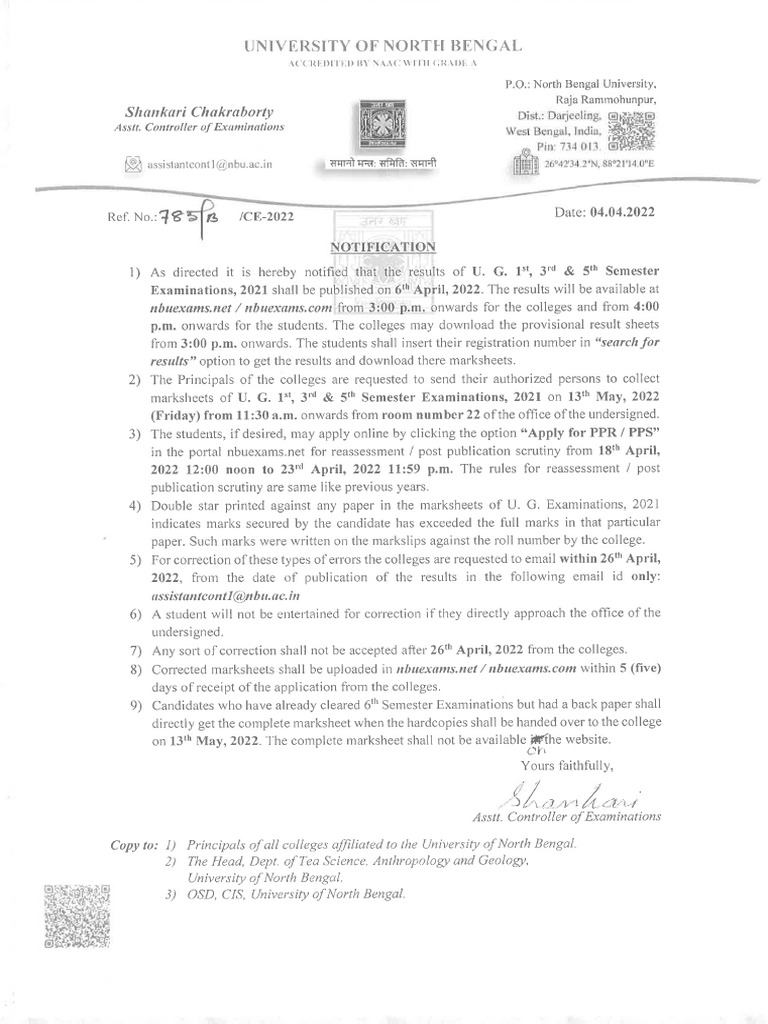Nbu Exam Result Notification | PDF