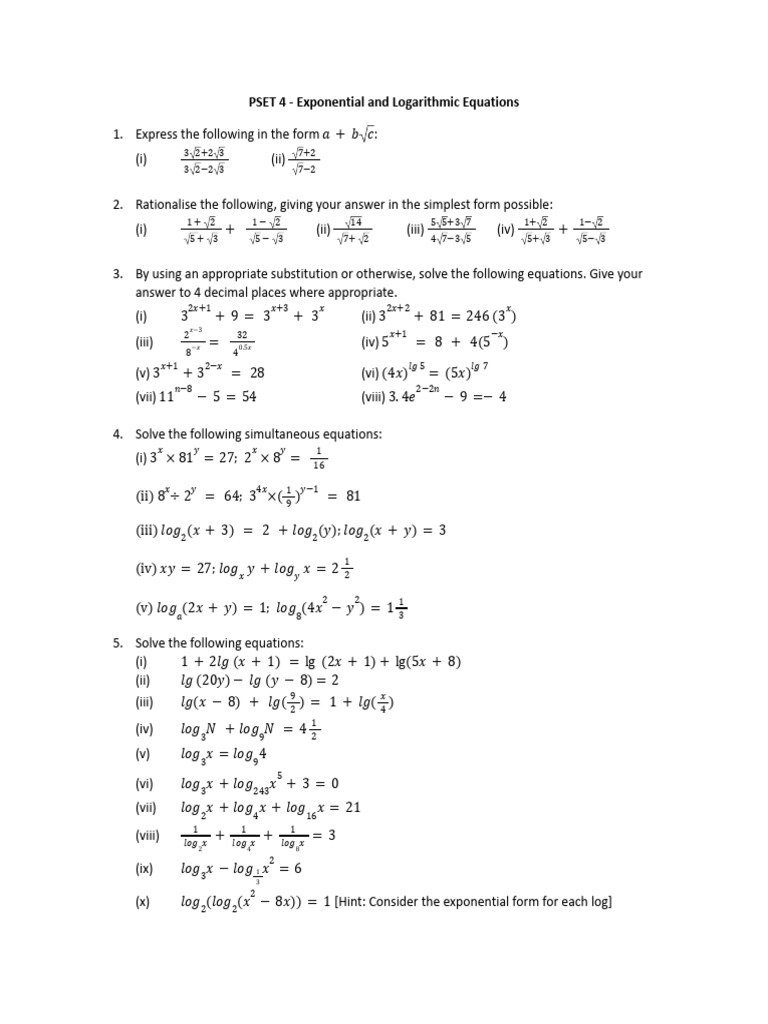PSET 4 - Exponential and Logarithmic Equations | PDF | Mathematics | Teaching Methods & Materials