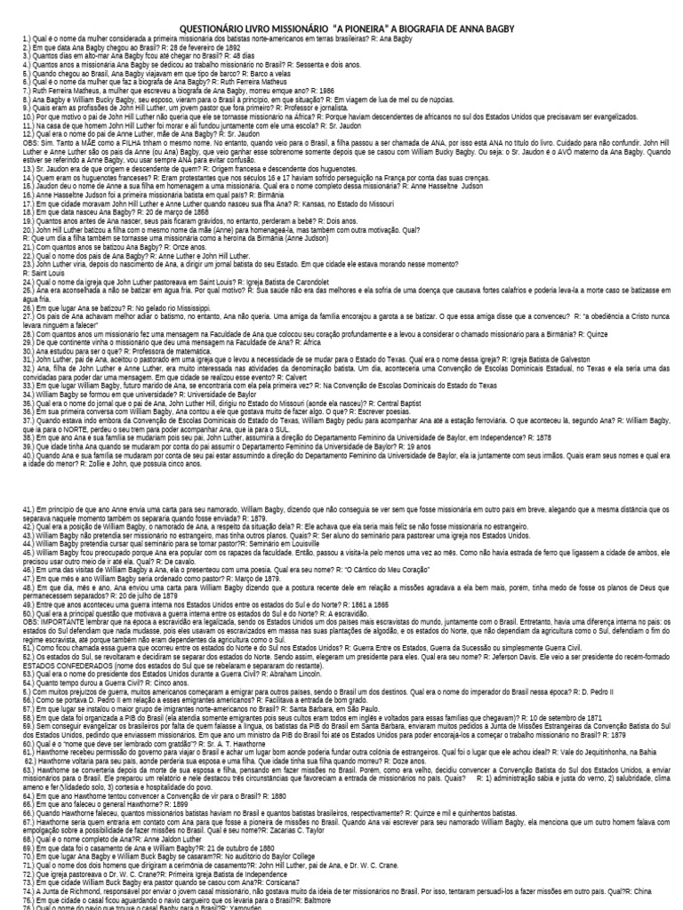 Questionário ANNA BAGBY 2 | PDF