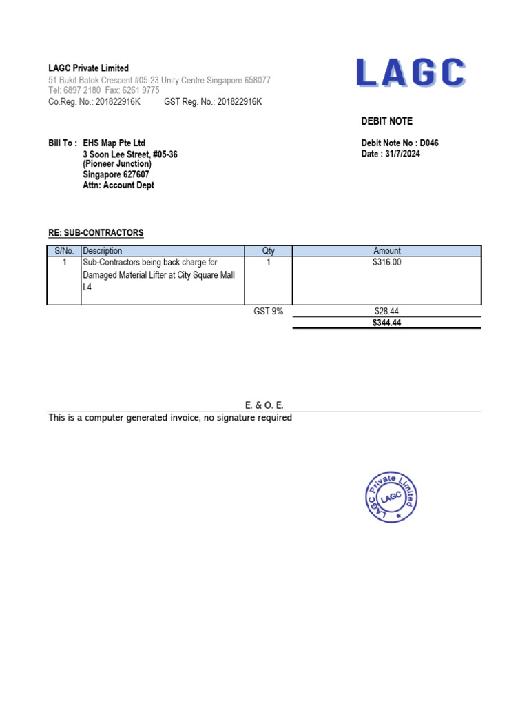Debit Note 046 EHS Map Jul'24 - Back Charge For Damaged Material Lifter ...