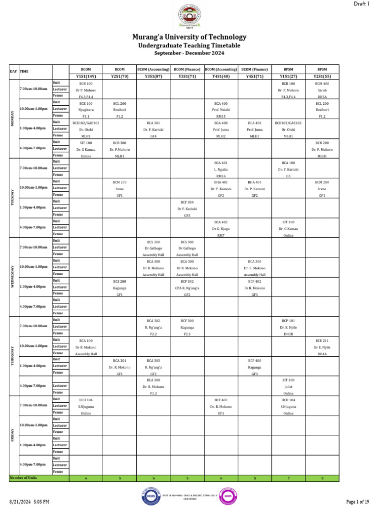 Teaching Timetable Sep - Dec 2024 Undergraduate | PDF