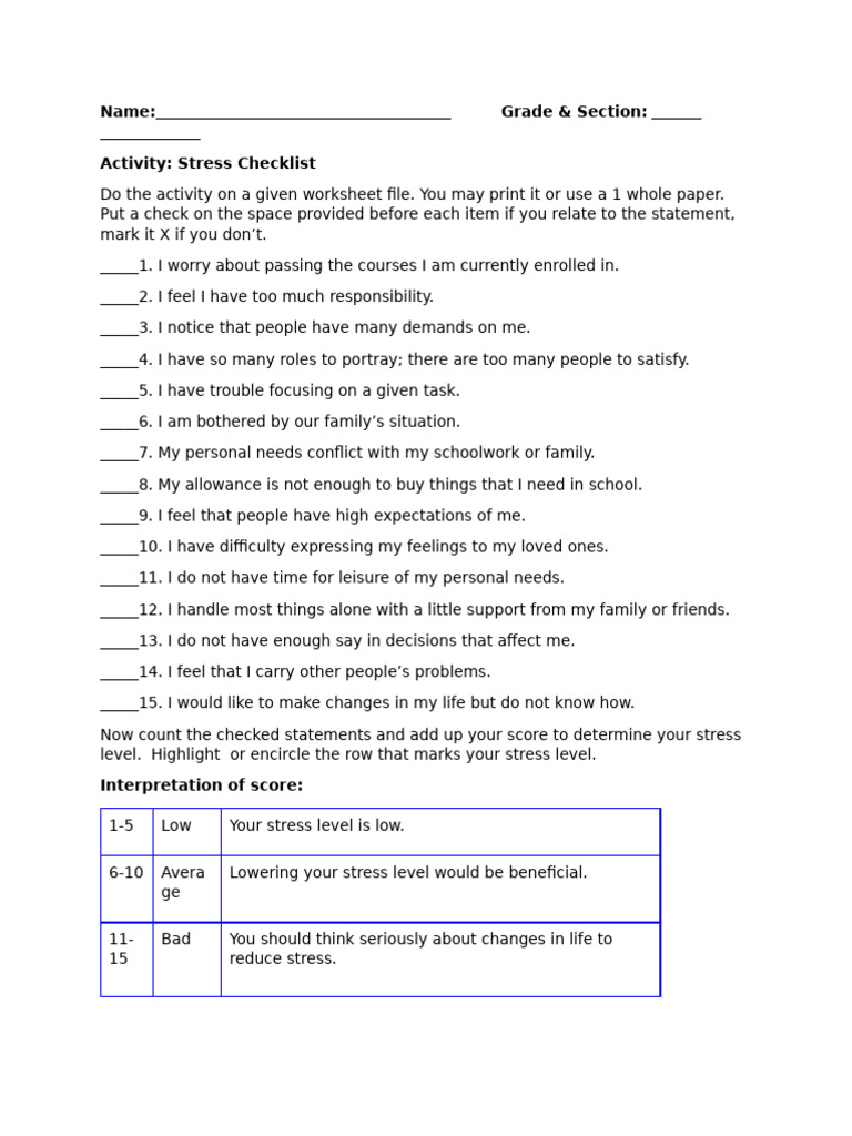 Stress Checklist Worksheet | PDF