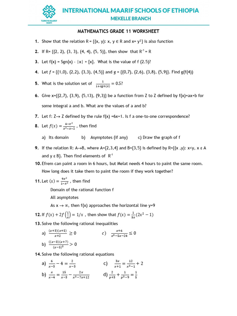 G-11 Mathematics Worksheet | PDF | Teaching Methods & Materials