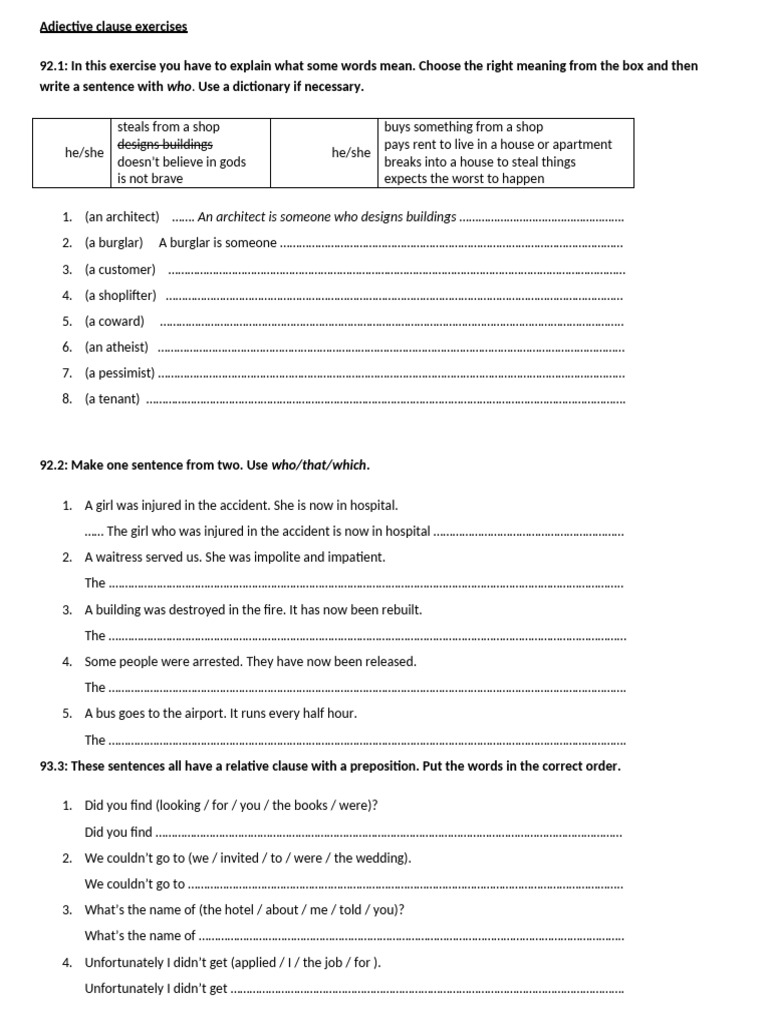 Adjective Clause Exercises | PDF