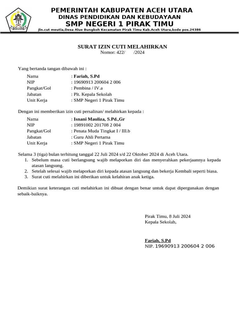 Surat Izin Cuti Melahirkan Liza | PDF