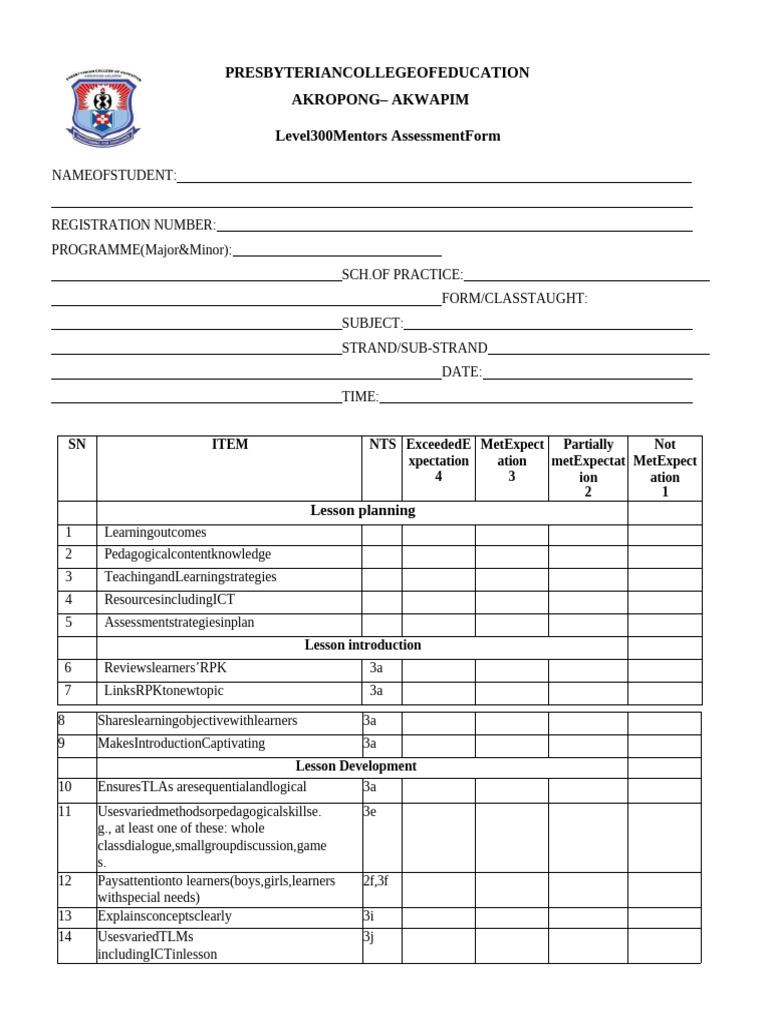 Revised Mentors Assessment Form_edited | PDF