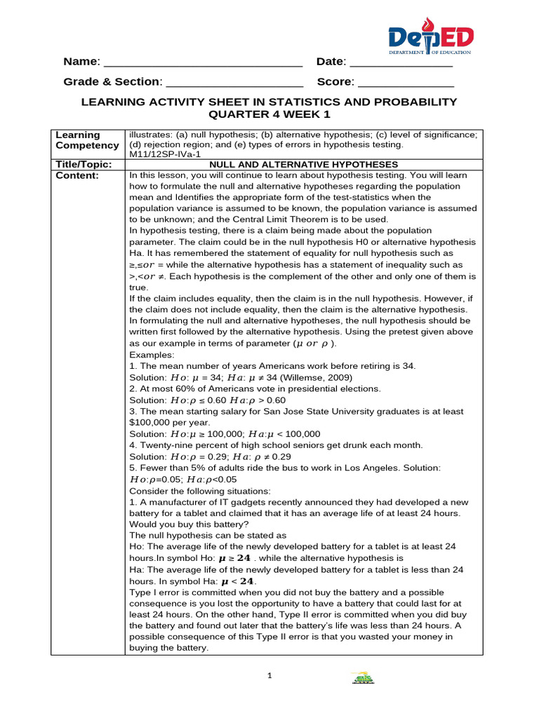 LAS - Stat & Prob Quarter 4 Week 1 | PDF