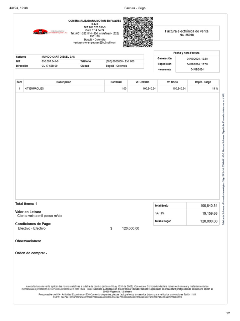 Factura Electrónica de Venta: Comercializadora Motor Empaques S.A.S | PDF